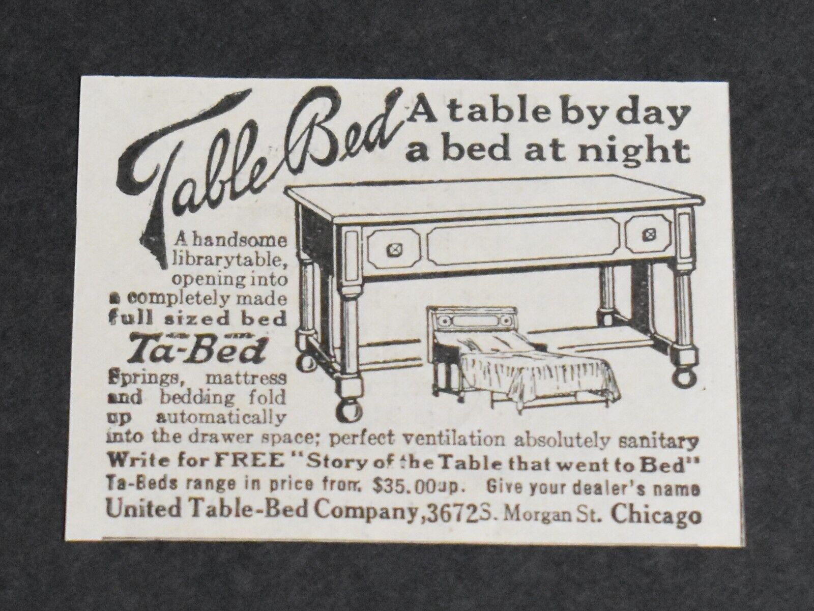 Collectible Table - Ta-Bed Fold Away Bed (Antique) - Construction Junction