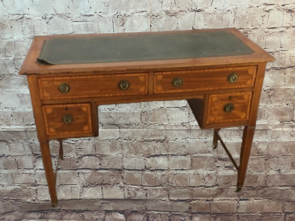 Desk - Antique 4 Drawer, Quarter Moon Inlay - Construction Junction