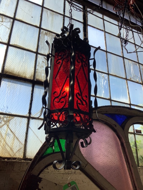 Lighting Ceiling - Twisted Black Metal w/ Red Glass - Construction Junction