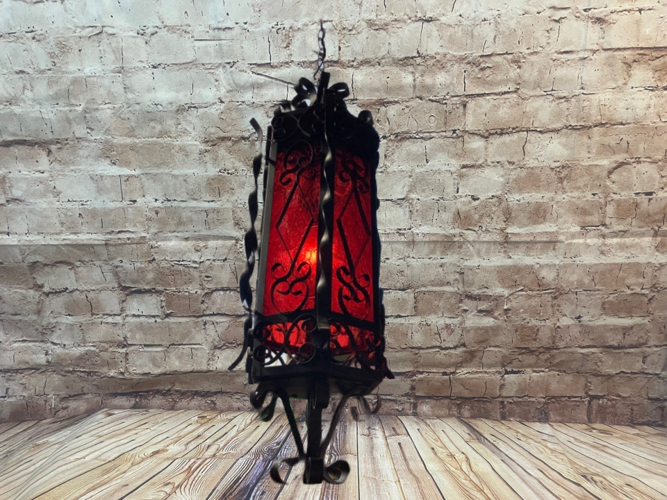 Lighting Ceiling - Twisted Black Metal w/ Red Glass - Construction Junction
